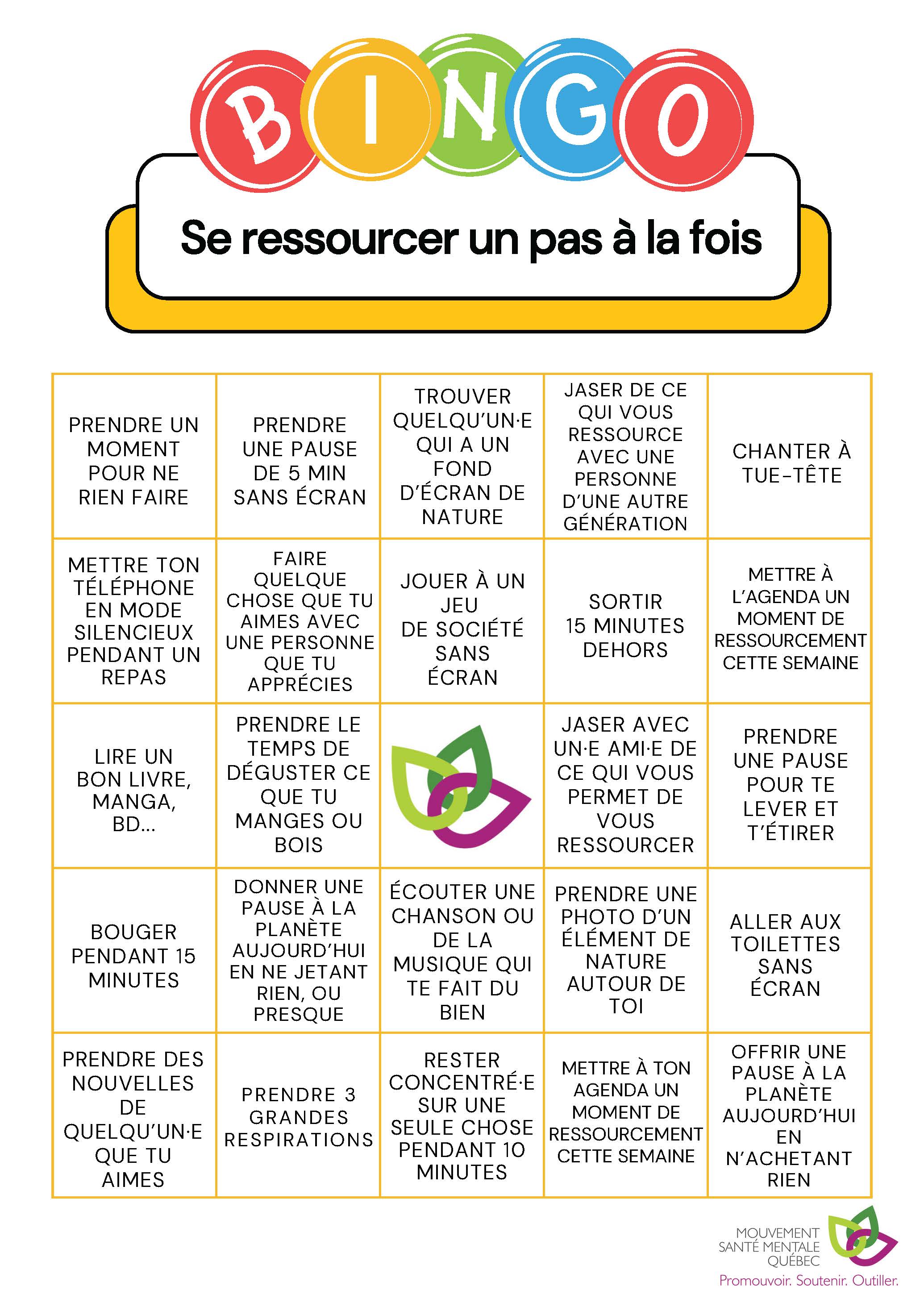 [Jeux – Jeunesse]: BINGO Se ressourcer un pas à la fois | Mouvement SMQ